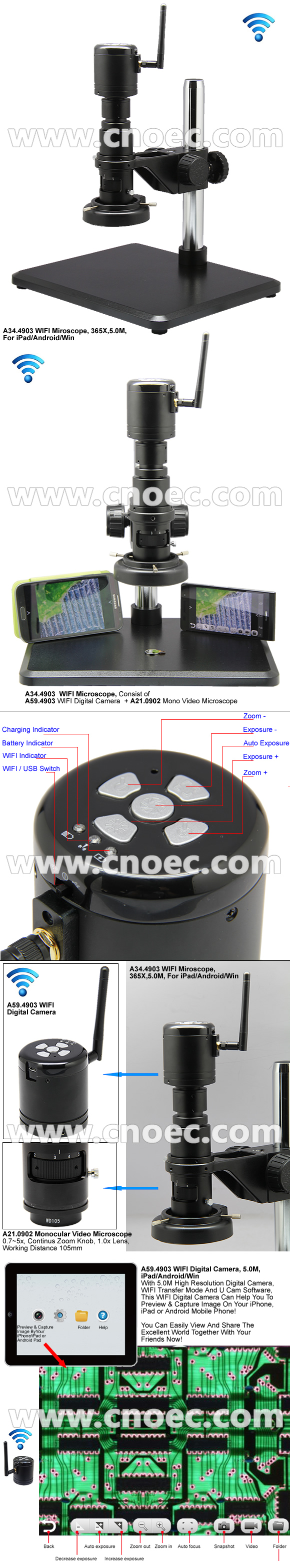 WIFI 365X 5.0M Hand Held Digital Microscope For iPad / PC / Android A34 ...