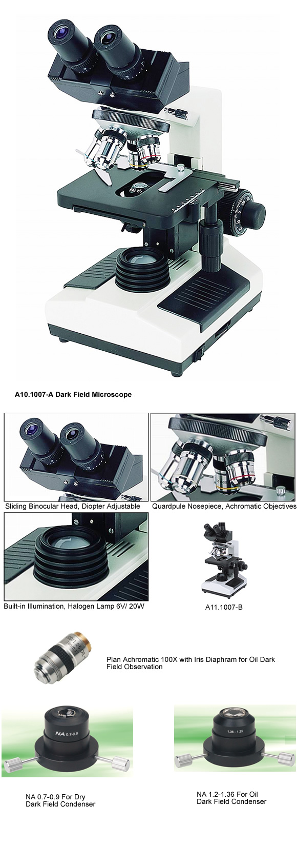 A10.1007 Dark Field Microscope Sliding Trinocular Quadruple Achromatic