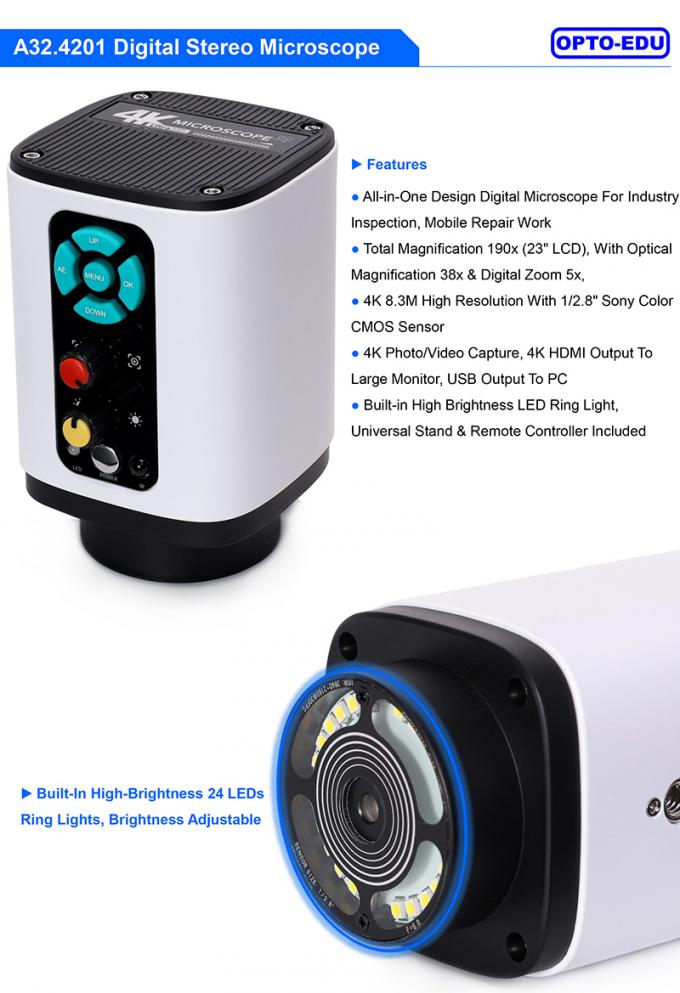 Digital Stereo Microscope 38x 4K 8.3M HDMI USB